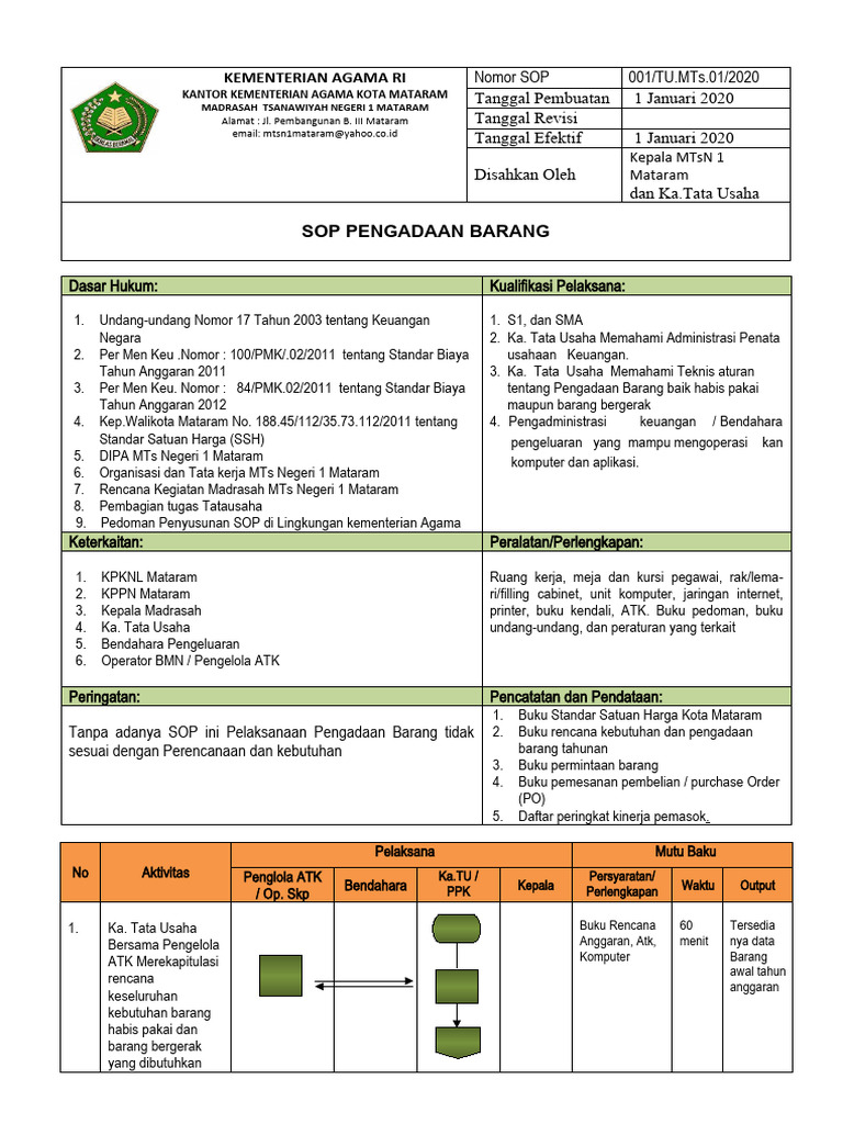 SOP Pengadaan Barang MTsN 1 Mataram | PDF | Pengelolaan Keuangan & Uang