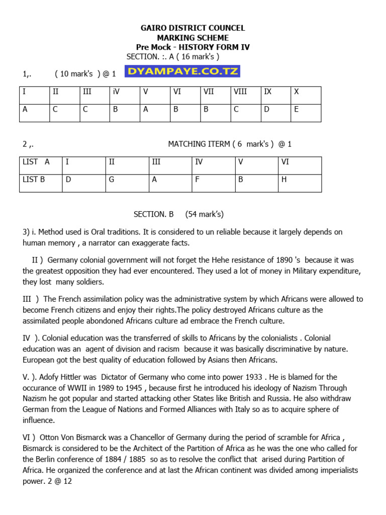 2024 History Pre Mock Marking Scheme | PDF | Africa | East Africa