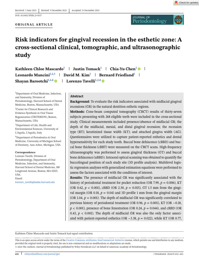 Journal of Periodontology - 2024 - Mascardo - Risk Indicators For Gingival Recession in The ...