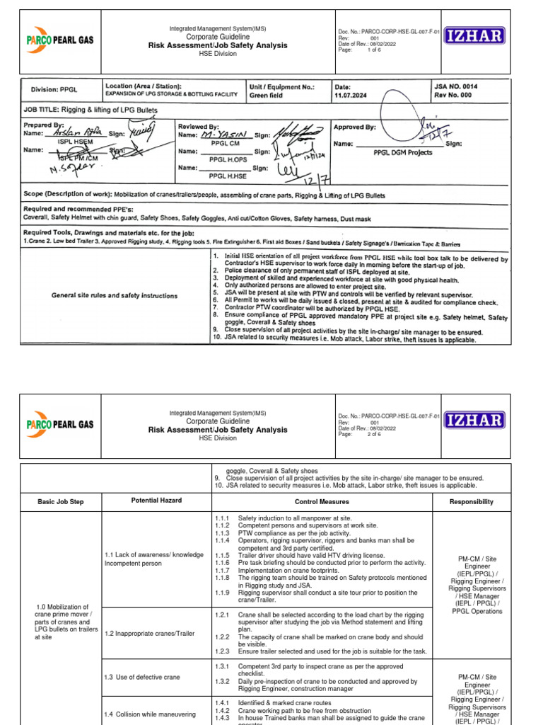 01 - JSA For Rigging & Lifting of LPG Bullets | PDF | Crane (Machine ...