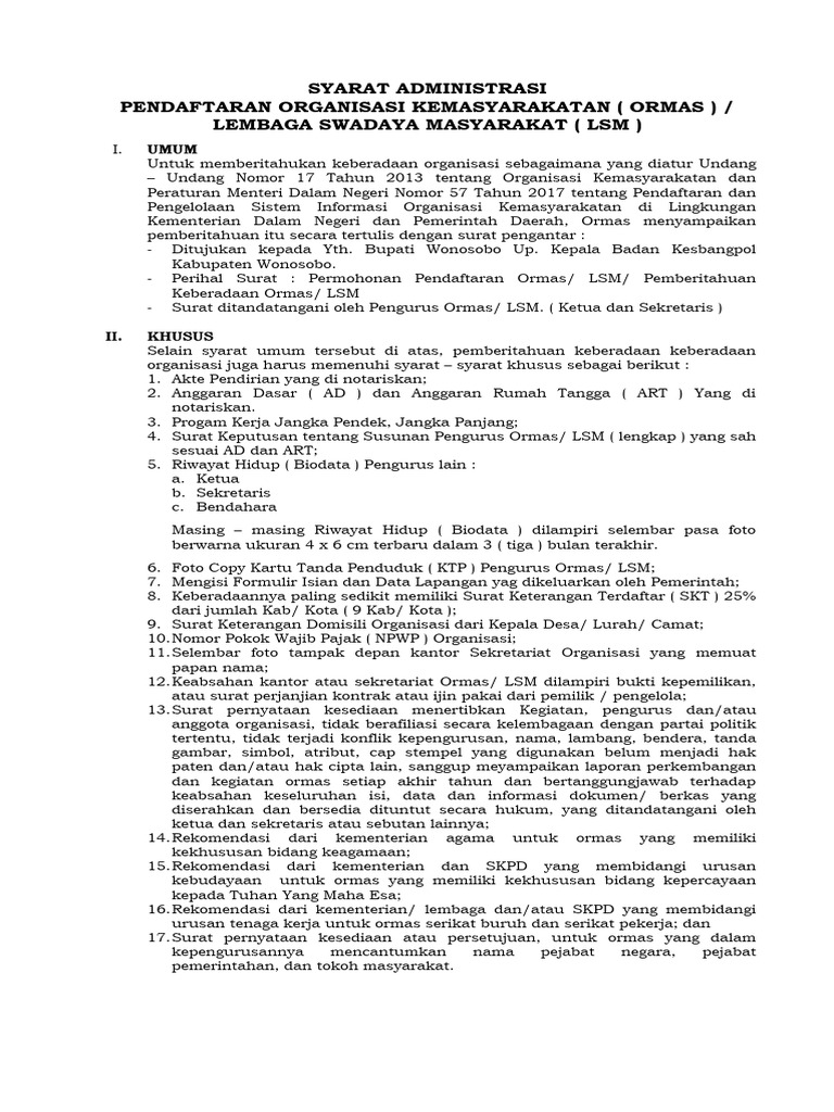 Syarat Administrasi Ormas 2024 | PDF