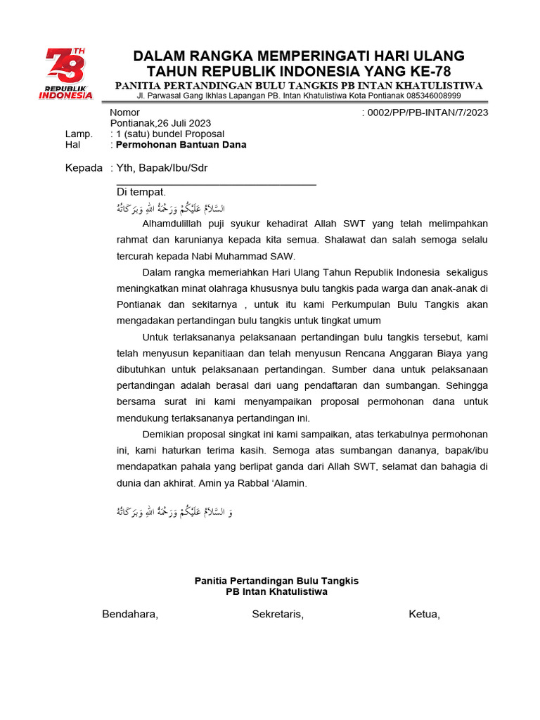 Contoh Proposal Permohonan Bantuan Dana Lomba Bulu Tangkis | PDF