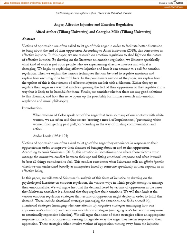 Anger, Affective Injustice and Emotion Regulation Alfred Archer ...