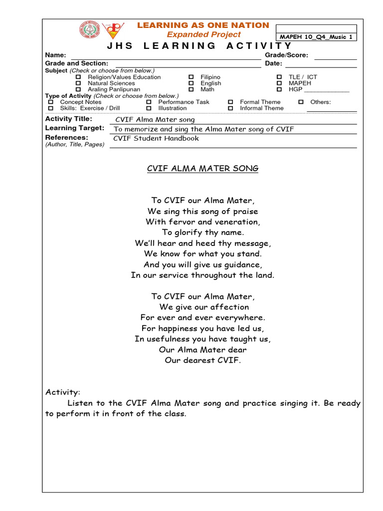 MAPEH 10 Q4 Music - LAS 1 CVIF Alma Mater Song | PDF | Cognition