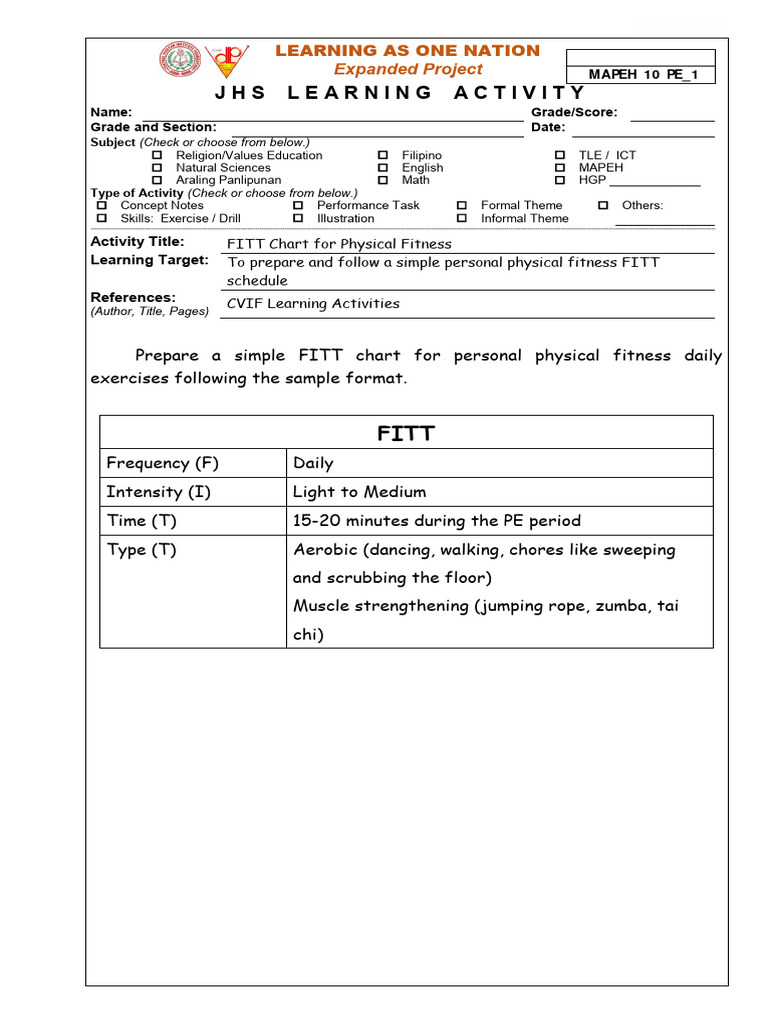 MAPEH 10 PE - LAS 1 FITT Chart For Physical Fitness - Format Edited ...