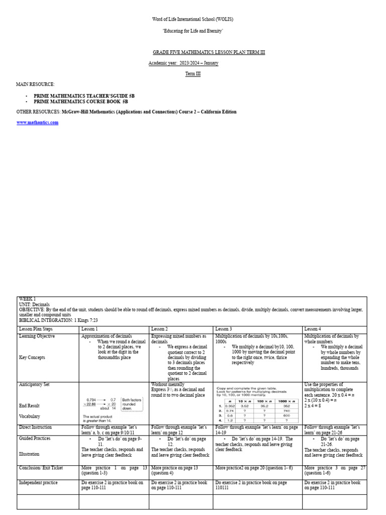 G5 MTC Lesson Plan III 2024 | PDF | Area | Percentage