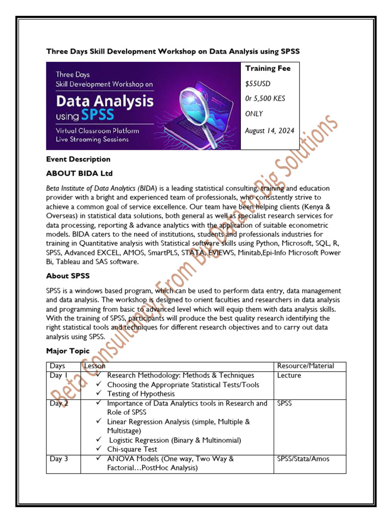 4 Days Skill Development Workshop On Data Analysis Using SPSS (Beta Consultancy) | PDF | Spss ...