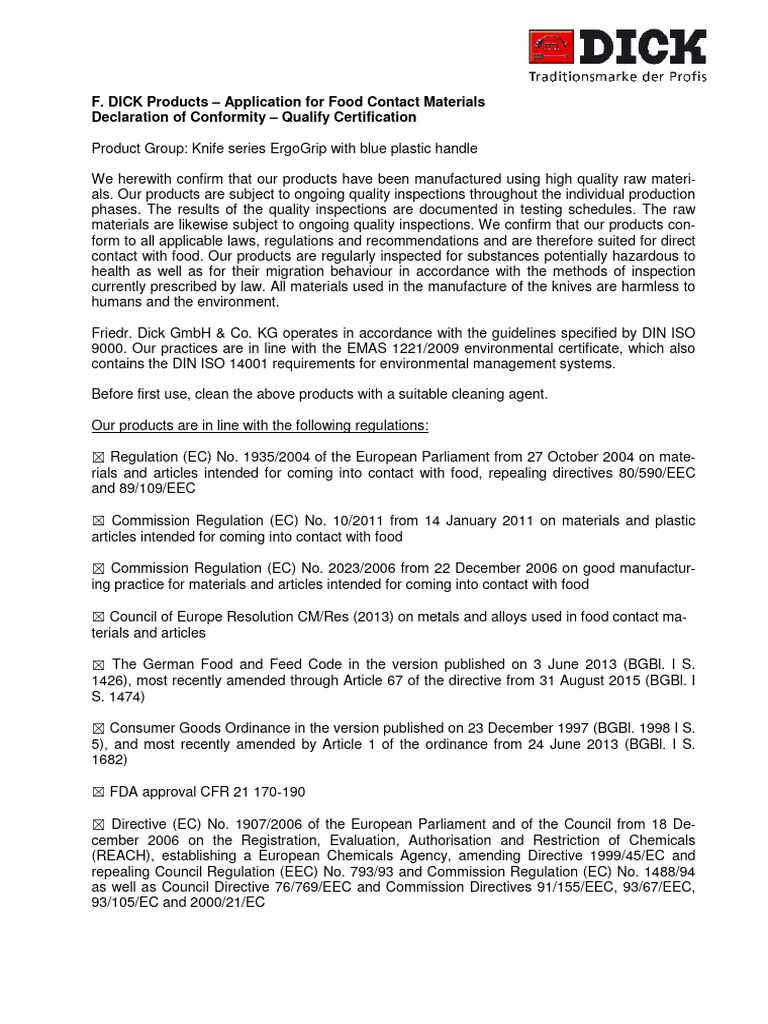 F. DICK Products - Application For Food Contact Materials Declaration of Conformity - Qualify ...