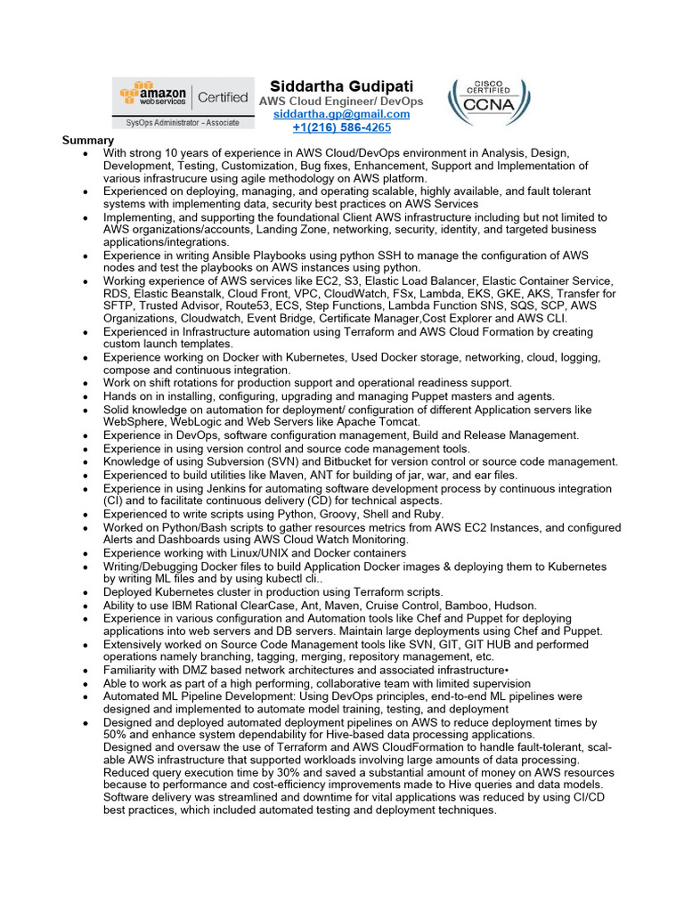 Siddartha Gudipati - AWS Cloud DevOps Resume | PDF | Amazon Web ...