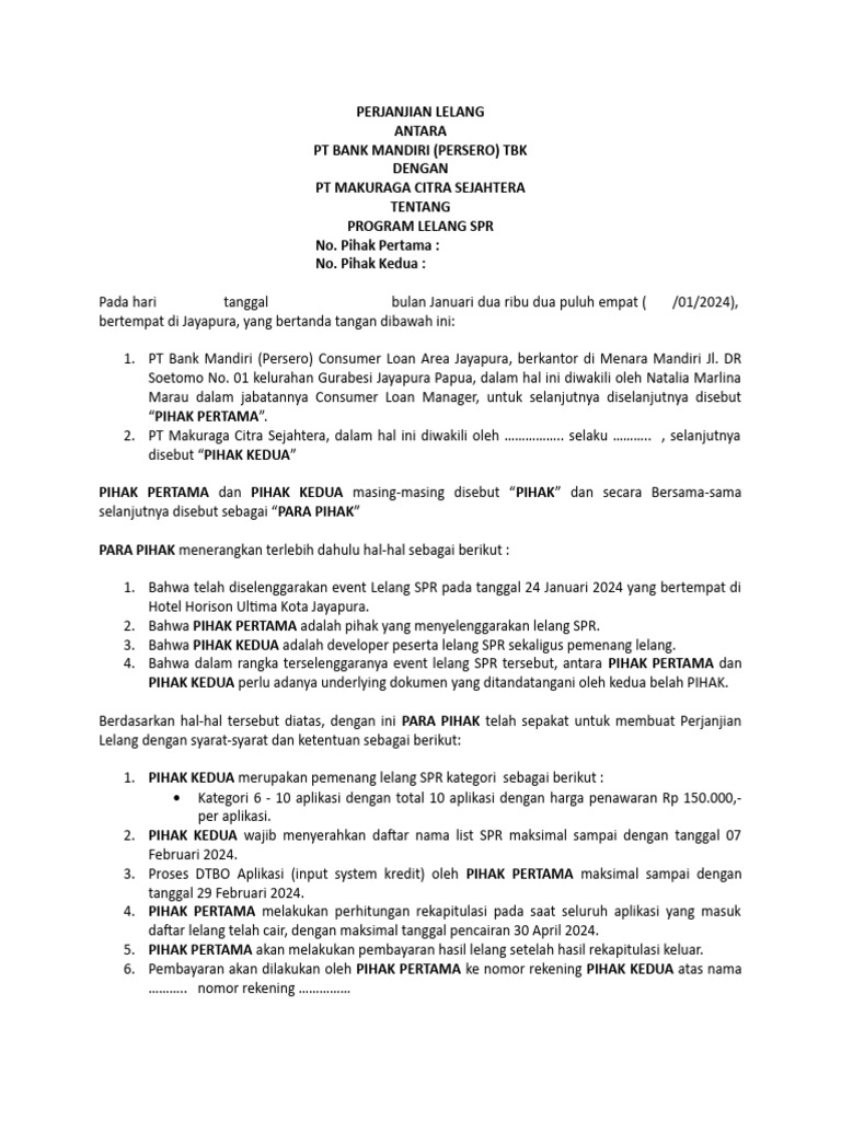 Perjanjian Pemenang Lelang PT Makuraga Citra Sejahtera | PDF