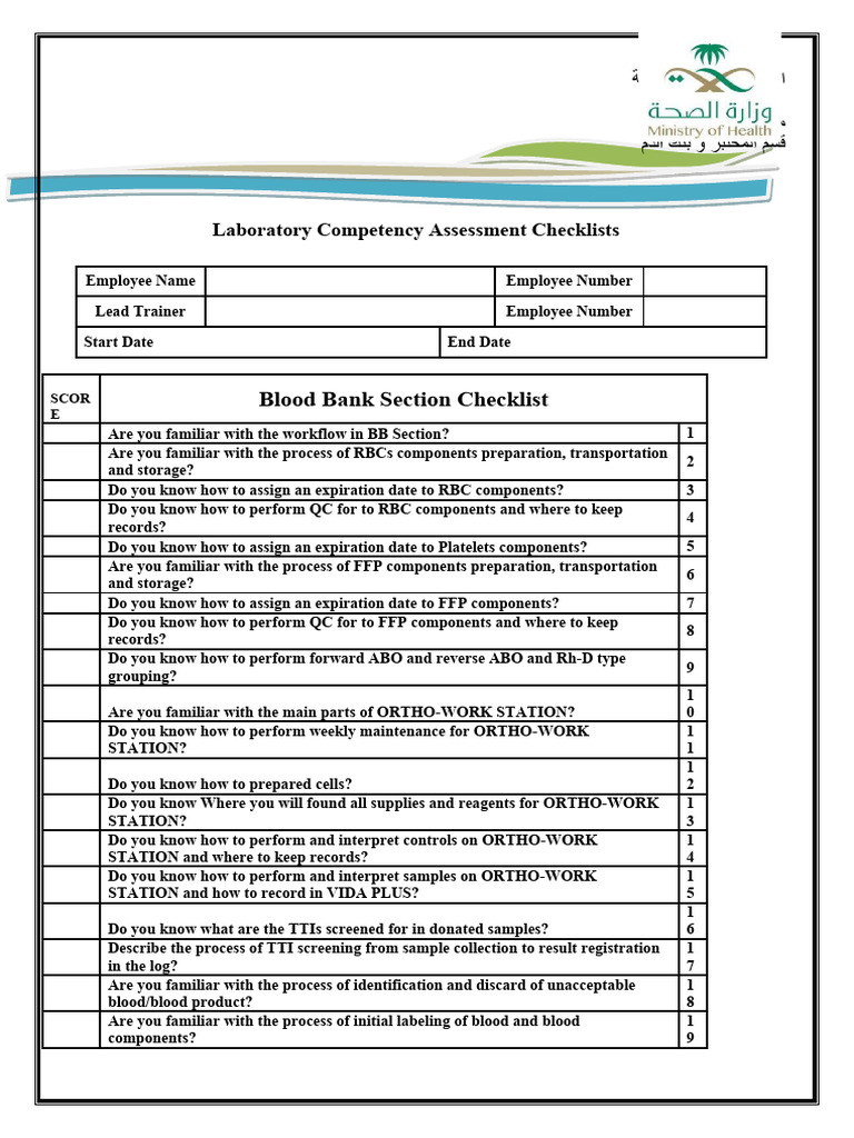 Blood Bank Section Checklist | PDF | Blood Transfusion | Blood