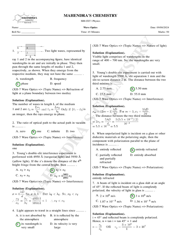 Paper 03 Wave Optics ANS | PDF | Diffraction | Wavelength