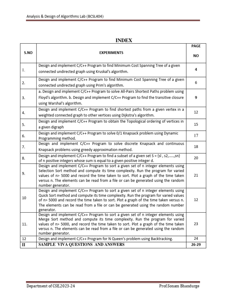 ADA Lab Manual Updated 2023-24 | PDF | Algorithms | Mathematical Relations