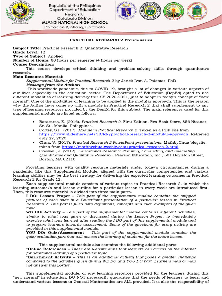 0a COURSE OUTLINE - RESEARCH 2 - Distance Learning | PDF | Learning ...