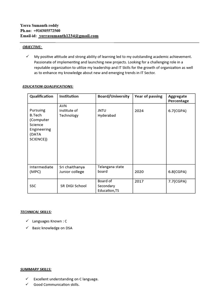 Sumanth Resume | PDF | Cognition