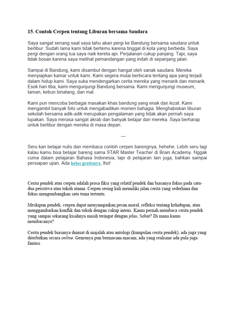 Contoh Cerpen tentang Liburan bersama Saudara | PDF