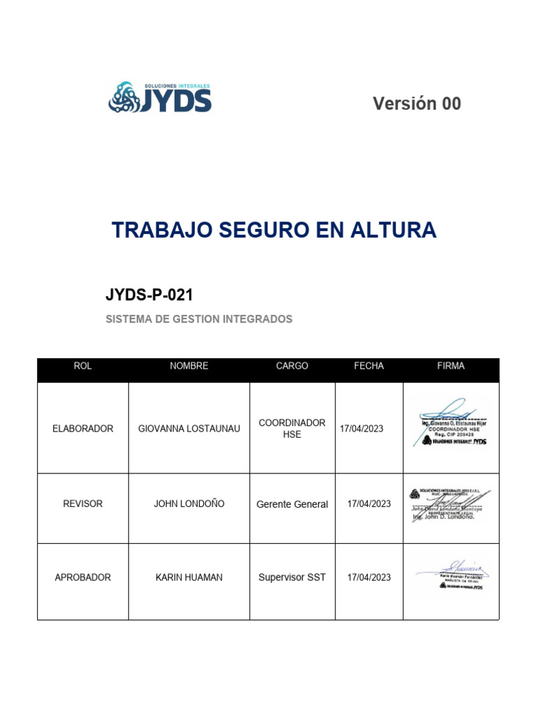JYDS-P-021 Trabajo Seguro en Altura - V00 | PDF | Cuerda | Administración de Seguridad y Salud ...