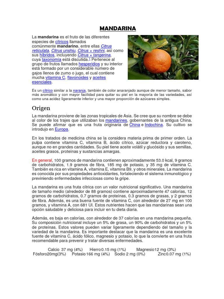Propiedades Nutricionales de la Mandarina | PDF