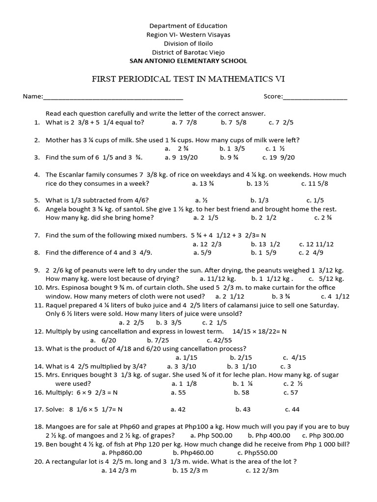 Periodical Test Math 6 1st-4th | PDF | Area | Sphere