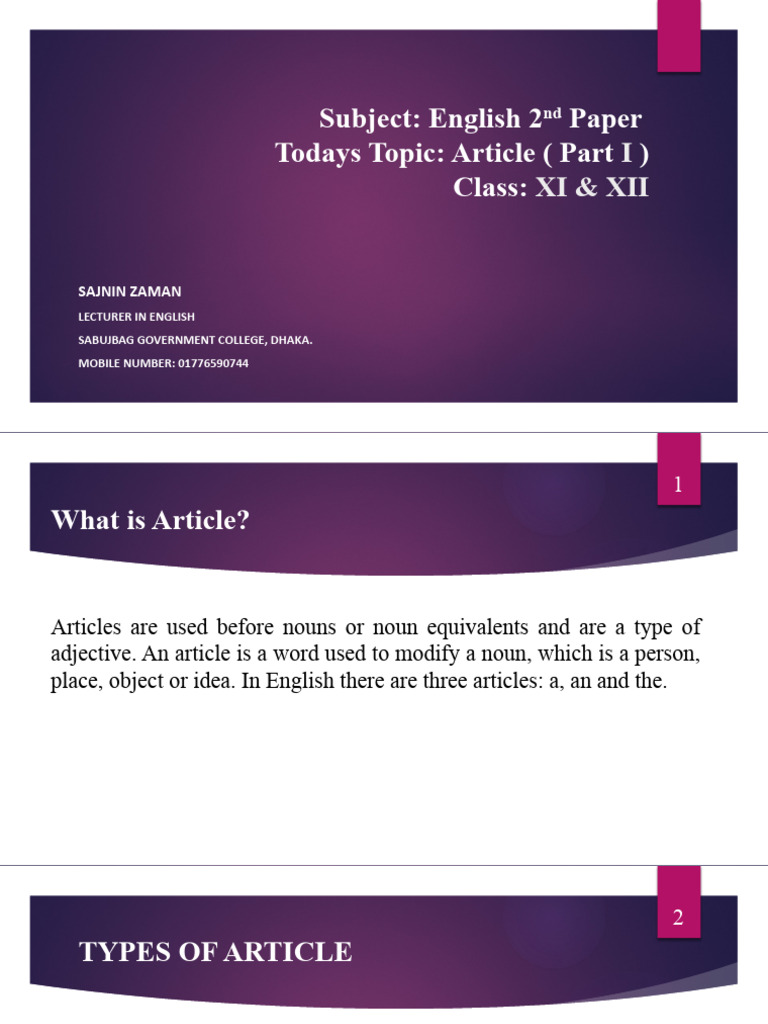 English Class Part 2 Article Part I (PowerPoint) | PDF | Noun | Word