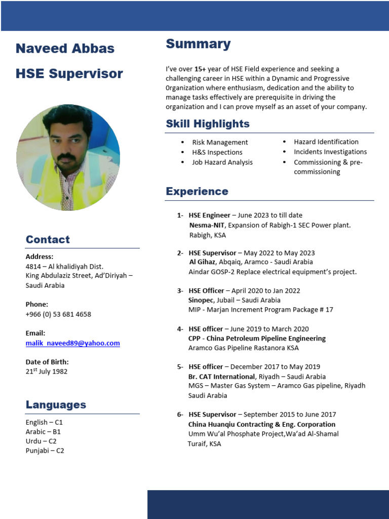 CV-Naveed Abbas - HSE Supervisor | PDF | Occupational Safety And Health ...