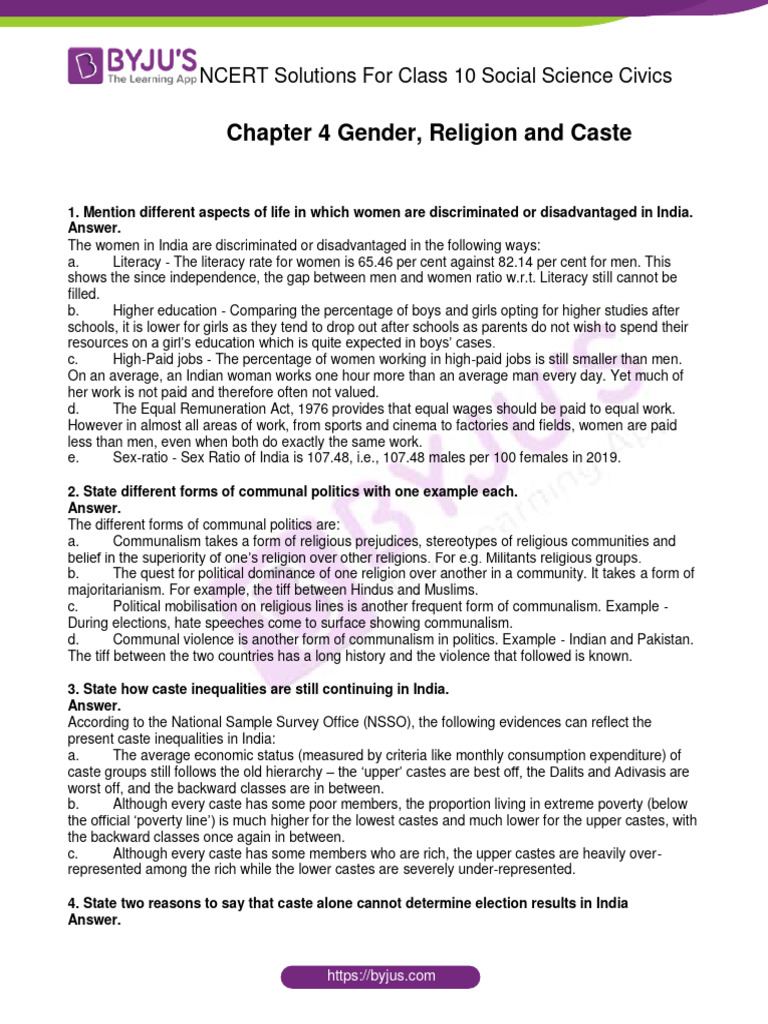 NCERT Solutions Class 10 Nov11 Social Science Civics Chapter 4 Gender Religion and Caste | PDF ...