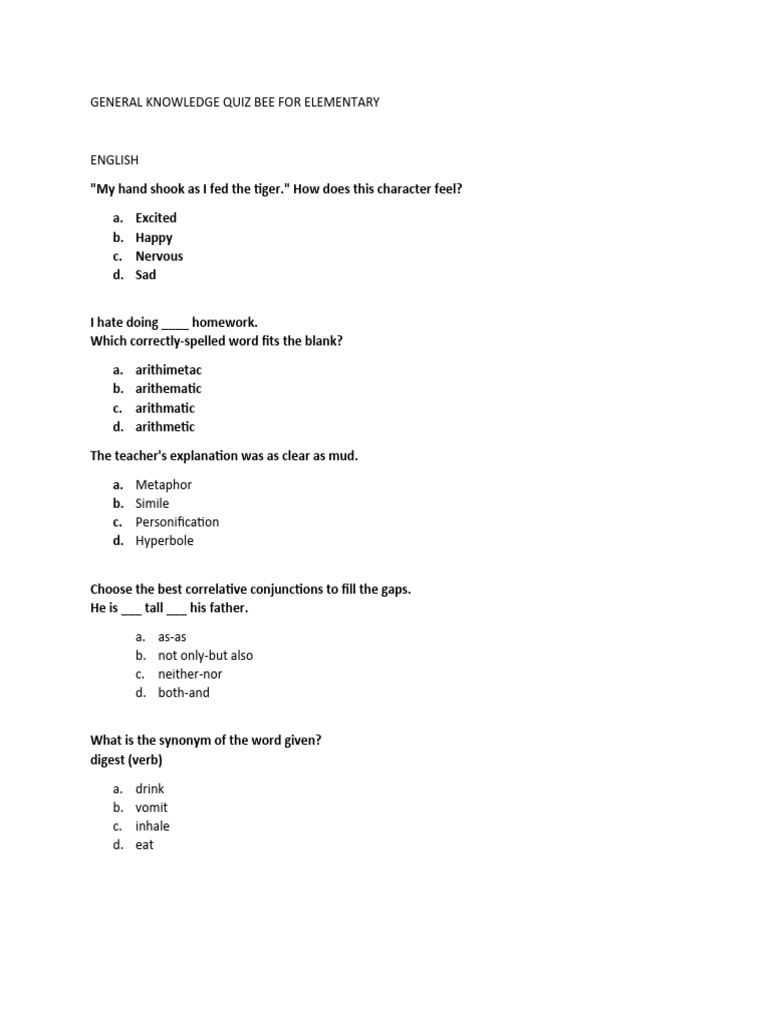 General Knowledge Quiz Bee For Elementary | PDF | Language Arts ...