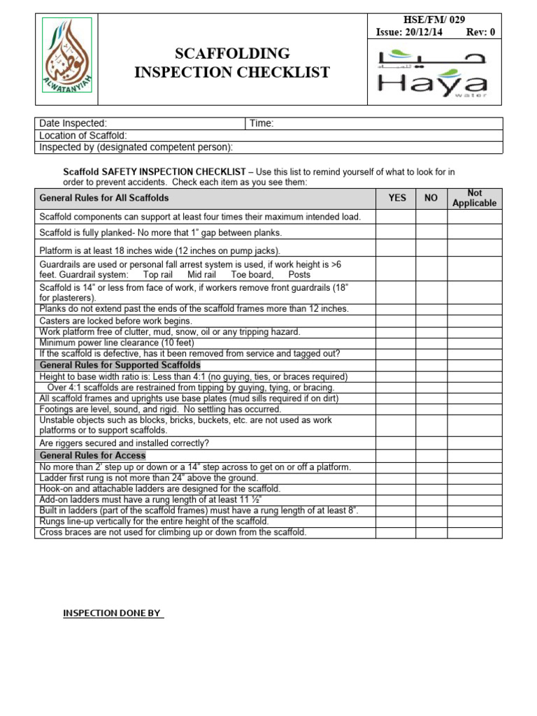 Scaffolding Inspection Checklist | PDF | Scaffolding | Ladder