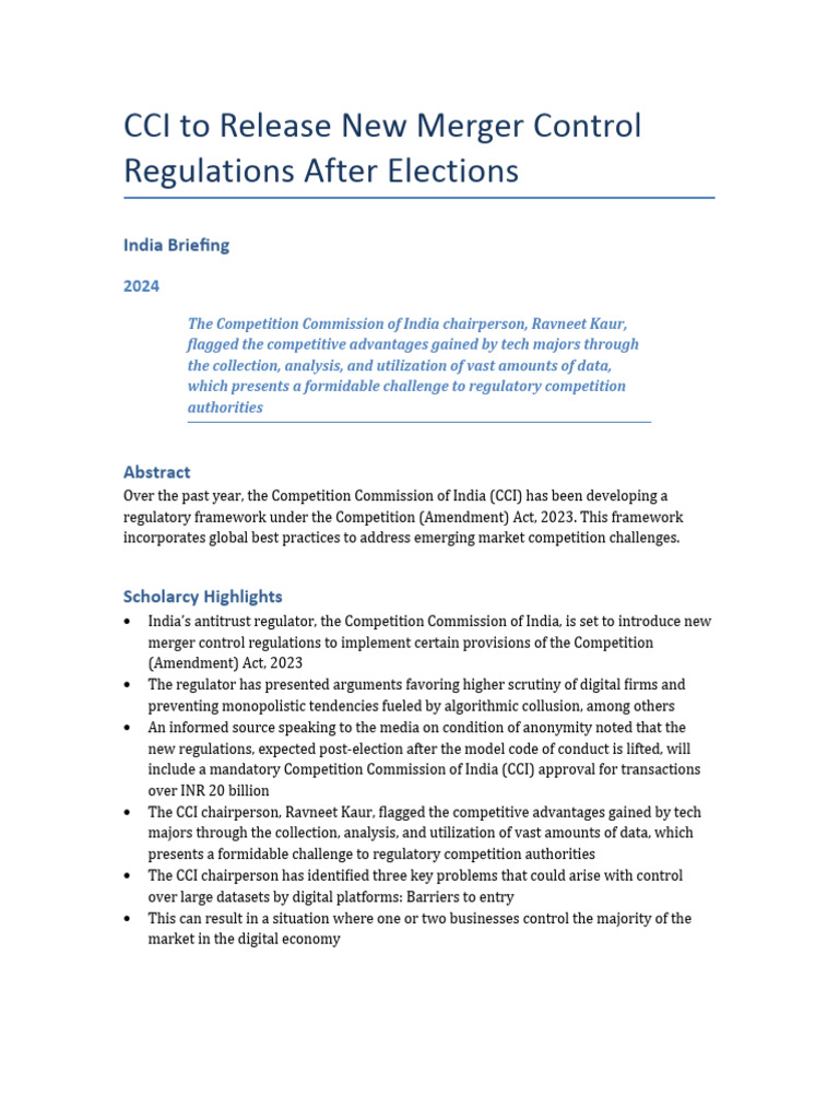 CCI To Release New Merger Control Regulations After Elections | PDF ...