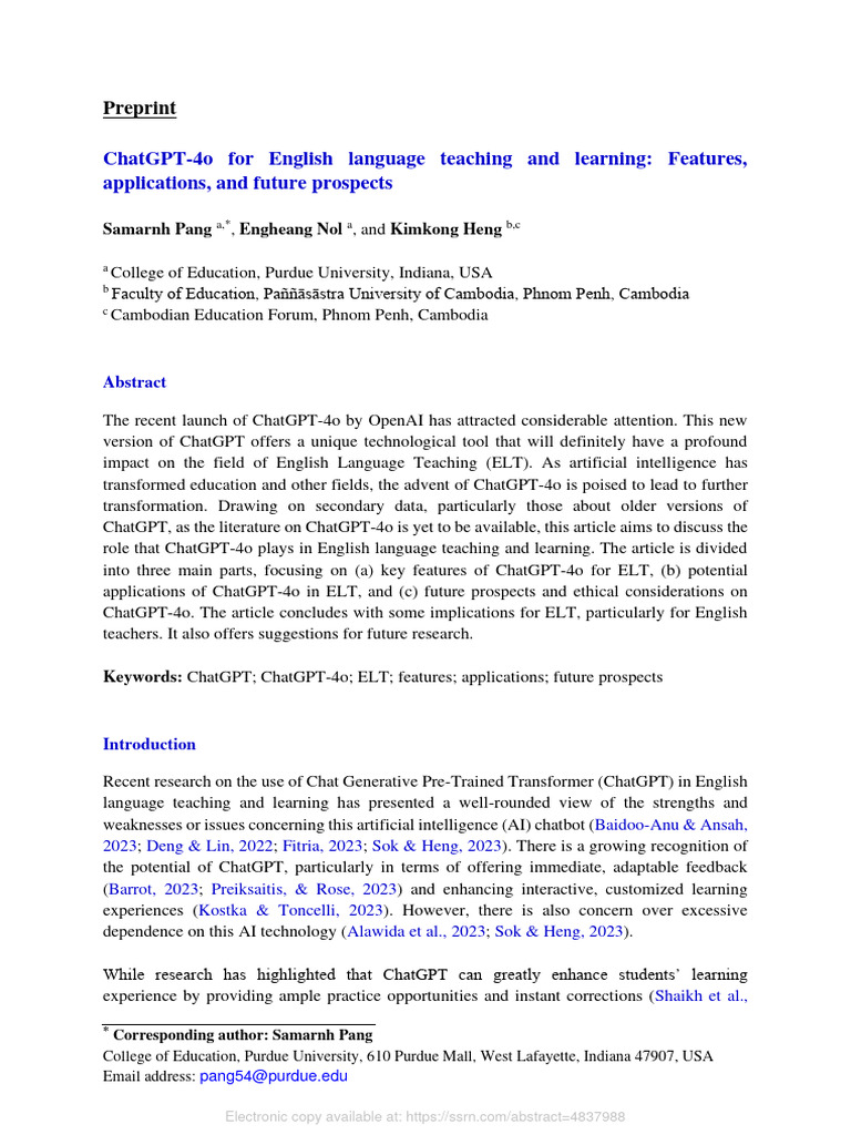 ChatGPT-4o For English Language Teaching and Learning Features, Applications, and Future ...