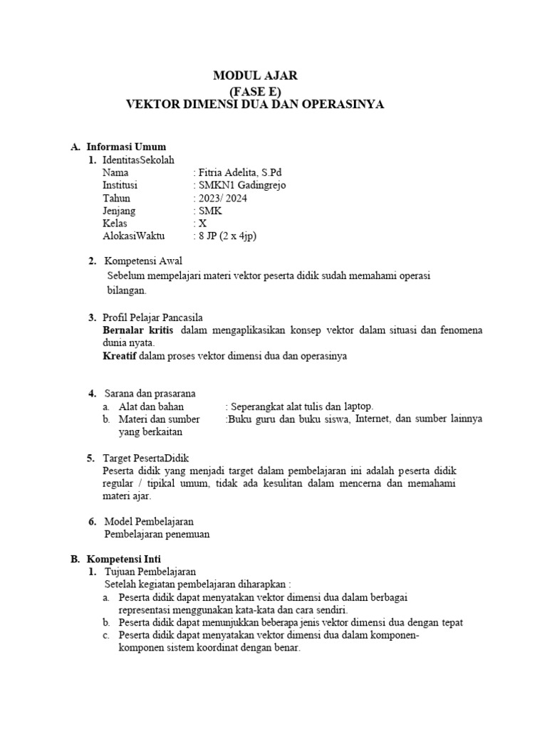 Modul Ajar Vektor Dimensi Dua 5 | PDF