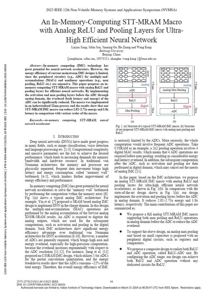 An In Memory Computing Stt Mram Macro With Analog Relu And Pooling Layers For Ultra High