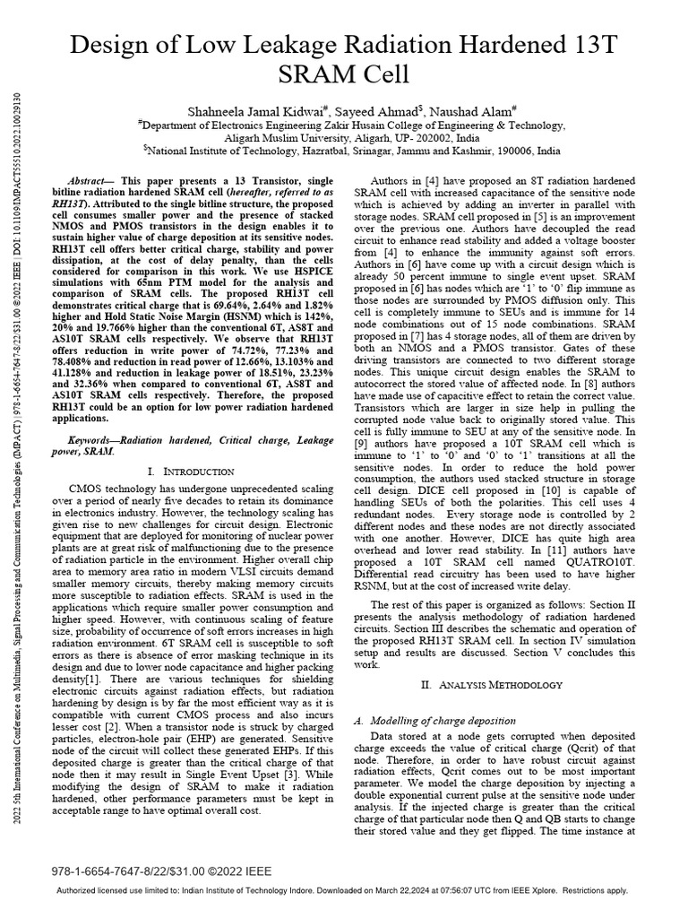 Design of Low Leakage Radiation Hardened 13T SRAM Cell | PDF ...