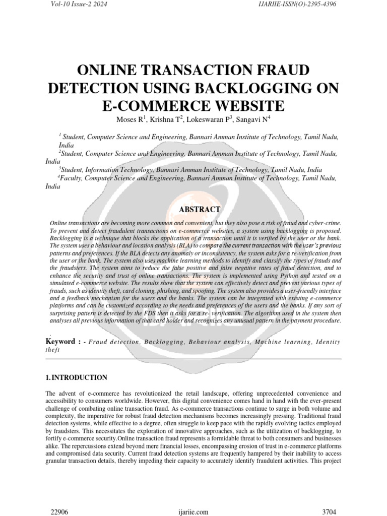ONLINE TRANSACTION FRAUD DETECTION USING BACKLOGGING ON ECOMMERCE Ijariie22906 | PDF | Machine ...