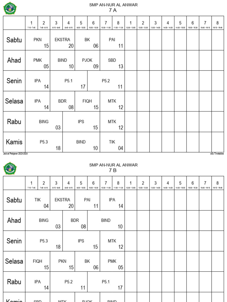 Jadwal Pelajaran SMP 2023-2024 | PDF