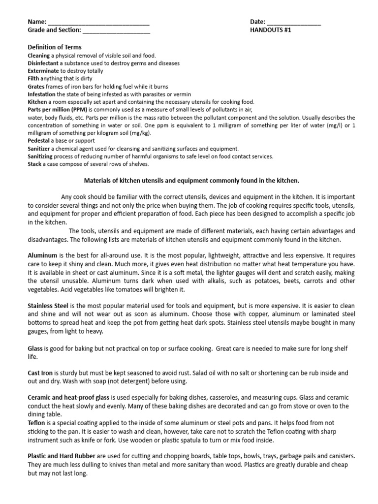 1 Materials Used In Kitchen Tools And Equipment Pdf Cookware And