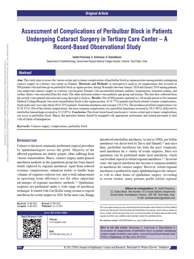 Assessment of Complications of Peribulbar Block In.6 | PDF | Anesthesia ...