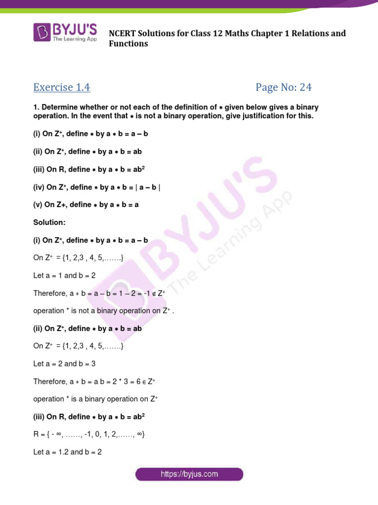 NCERT Solutions For Class 12 Maths Chapter 1 Relations and Functions Exercise 1.4 | PDF ...
