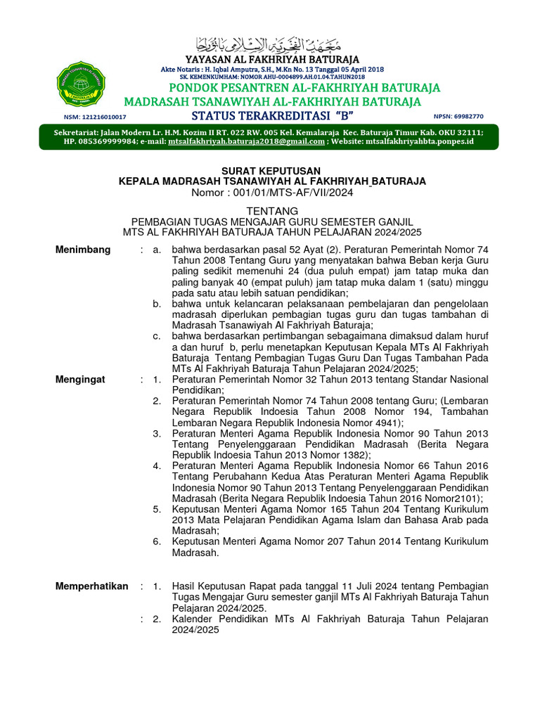 SK Pembagian Tugas Mengajar MTS Af Ganjil 2024-2025 | PDF