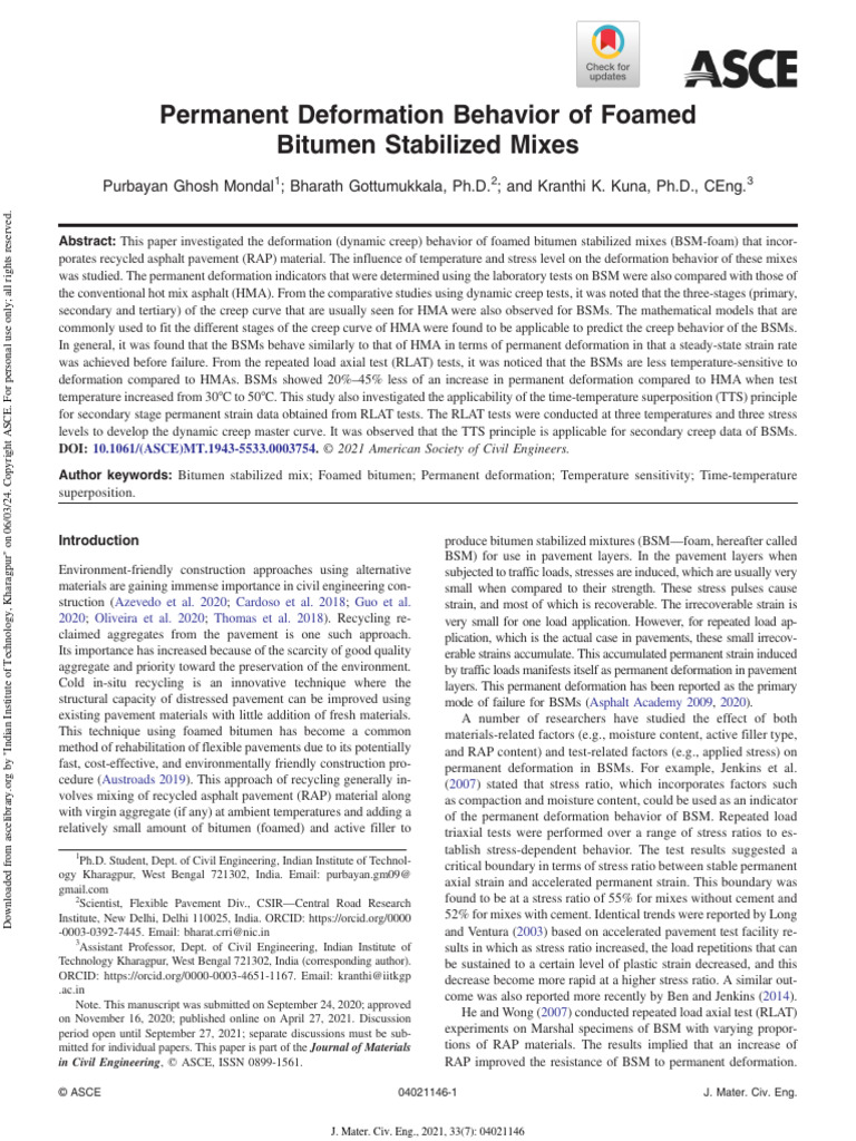 Mondal Et Al 2021 Permanent Deformation Behavior of Foamed Bitumen ...
