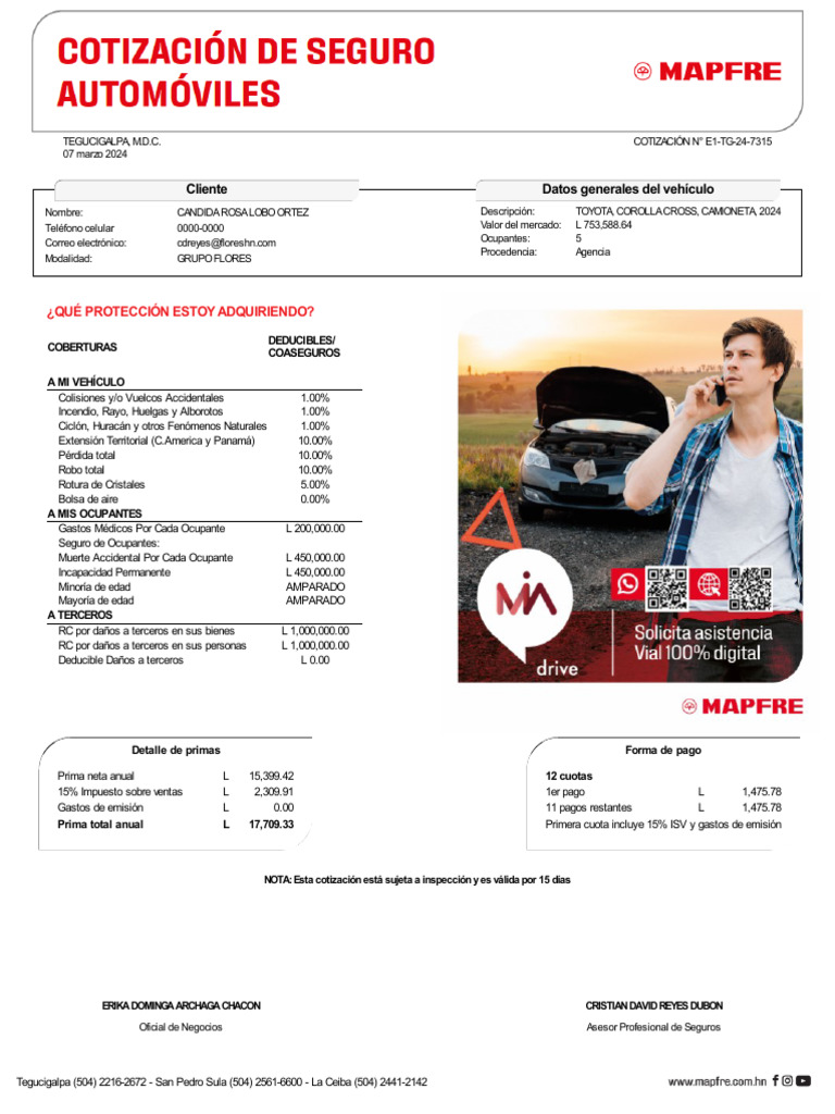 Cotizacion Mapfre 12 Pagos Candida Lobo | PDF | Póliza de seguros | Seguro