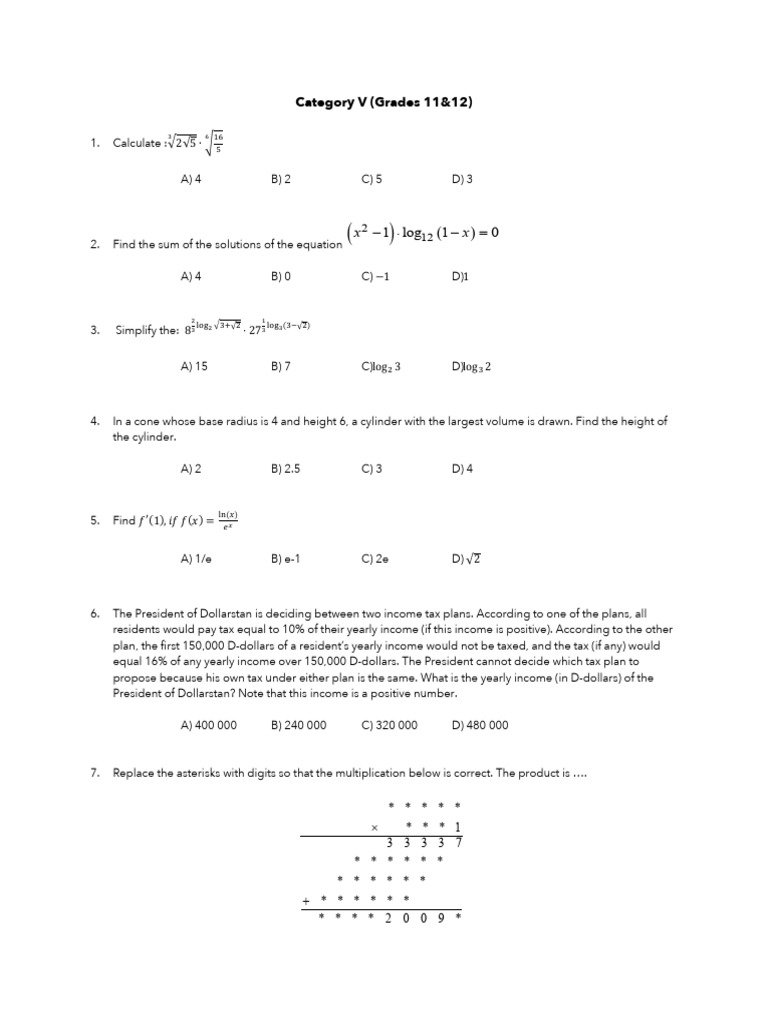 Grade 11-12 Math Problem Set | PDF | Multiplication | Arithmetic