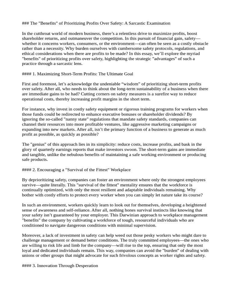 Profits vs. Safety: A Sarcastic Analysis | PDF | Profit (Economics ...