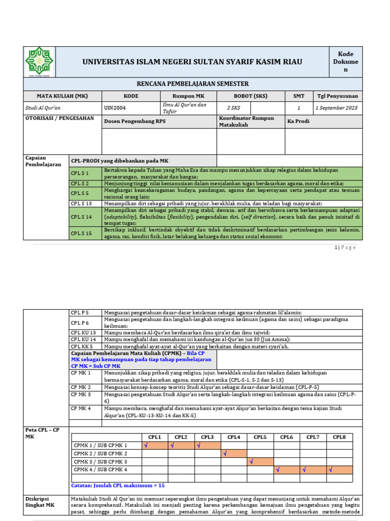 RPS Mata Kuliah Studi Al Quran 2023 2024 | PDF