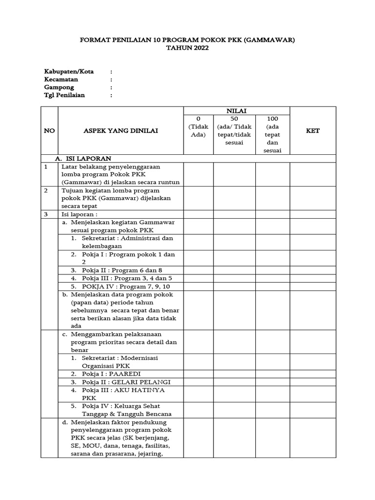 Format Penilaian 10 Program Pokok PKK Gammawar 2022 | PDF