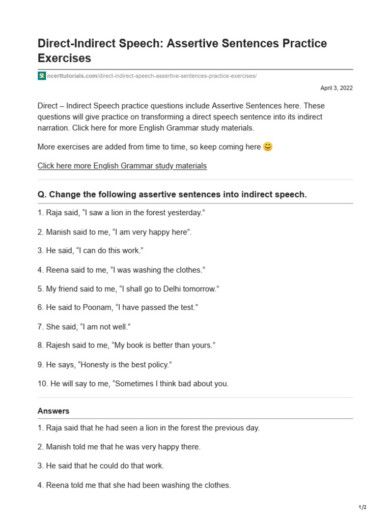 Direct-Indirect Speech Assertive Sentences Practice Exercises | PDF | Career & Growth | Language ...