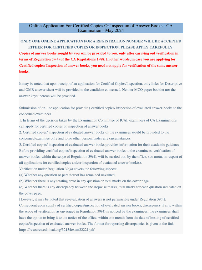 Online Application For Certified Copies or Inspection of Answer Books ...