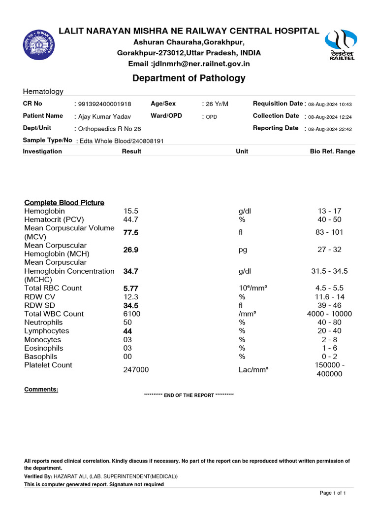 Blood Report from Lalit Narayan Hospital | PDF | Clinical Medicine | Blood
