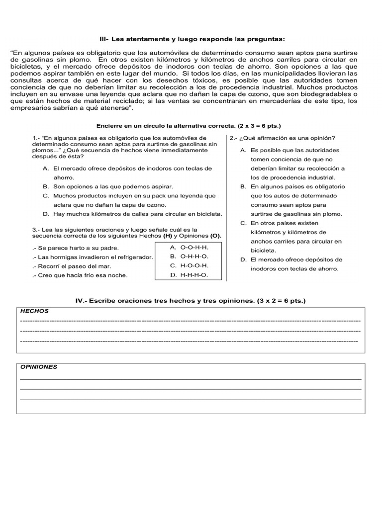 Hecho y Opinión Sexto Básico | PDF