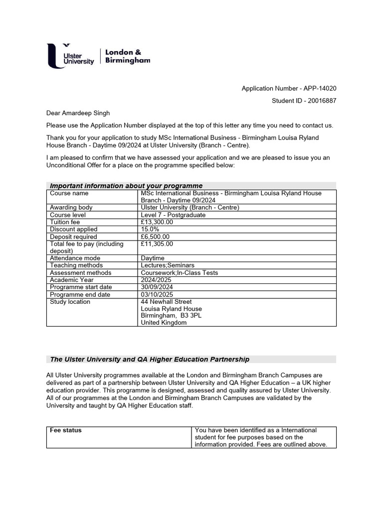 Amardeep Singh - Unconditional Offer | PDF | Postgraduate Education ...